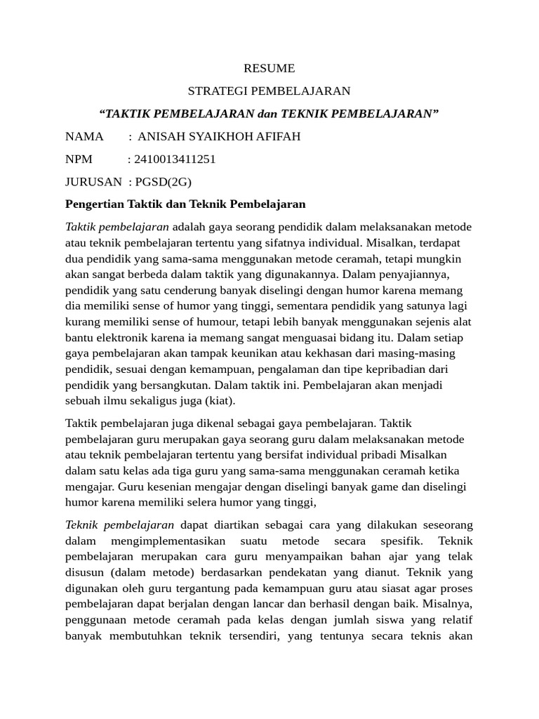 Taktik Dan Teknik Pembelajaran | PDF