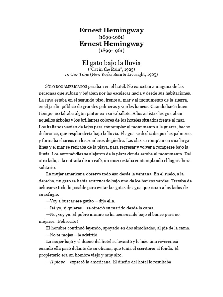 El Gato Bajo La Lluvia Ernest Hemingway | PDF