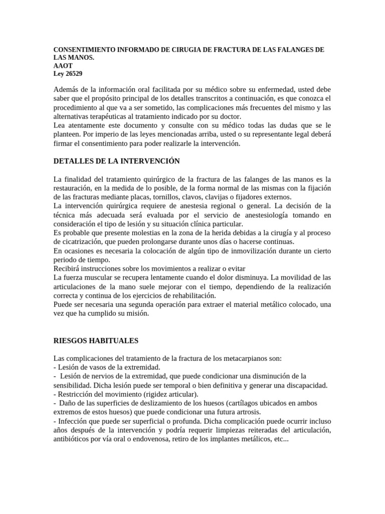 Consentimiento para Cirugía de Falanges | PDF | Cirugía | Hueso