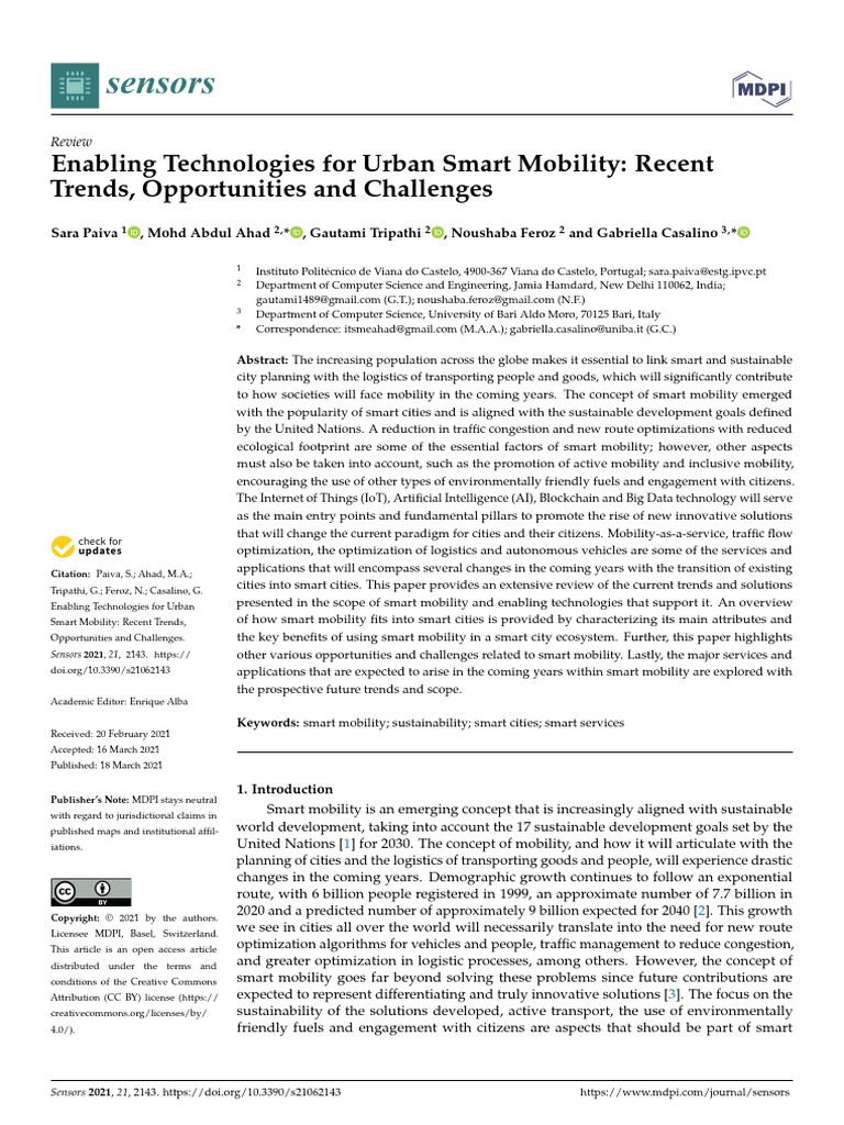 Enabling Technologies For Urban Smart Mobility Recent Trends Opportunities and Challenges | PDF ...