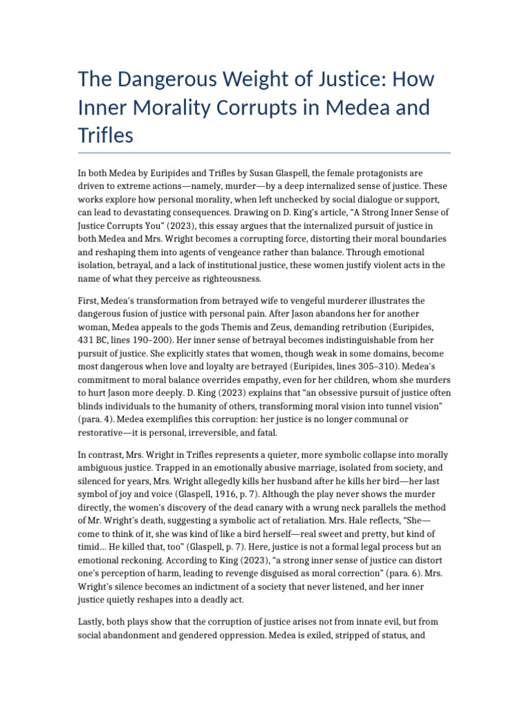 Comparative Essay Medea Trifles Justice | PDF | Justice | Crime & Violence
