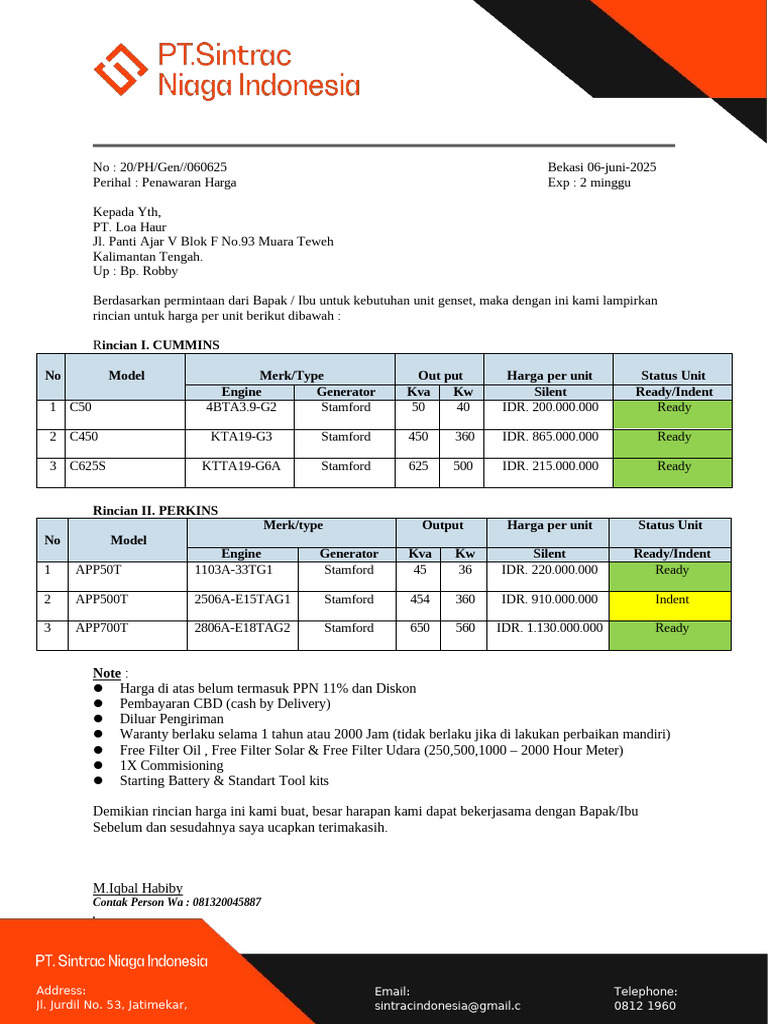 Penawaran Harga Genset CUMMINS & PERKINS | PDF