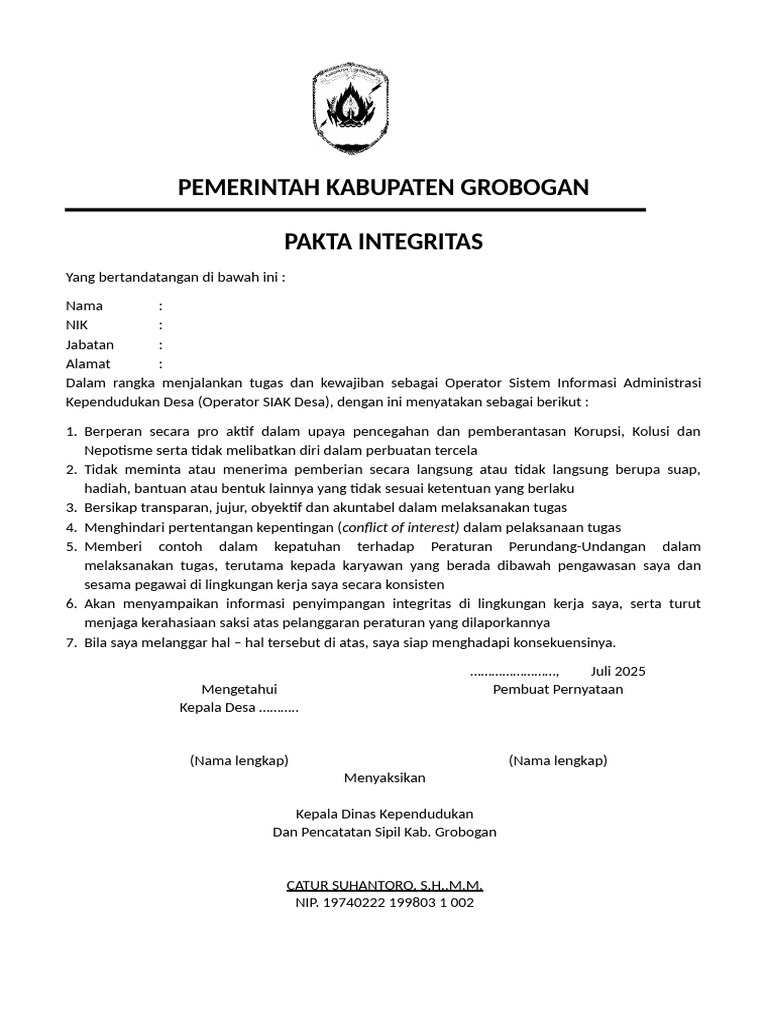 Pakta Integritas Operator SIAK Desa | PDF