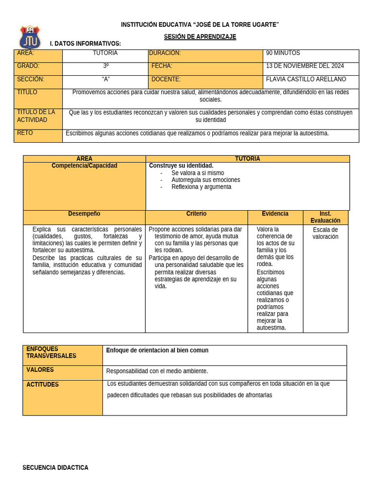 Esquema de Sesion Personal Tutoria 131124 | PDF | Autoestima | Aprendizaje