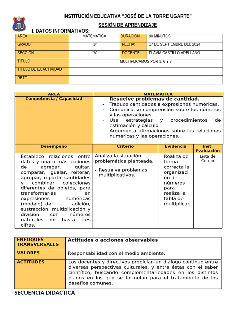 ESQUEMA DE SESION- BLANCO | PDF | Aprendizaje | Matemática Elemental