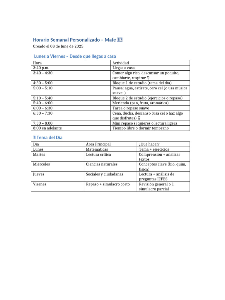 Horario Semanal Mafe ICFES | PDF