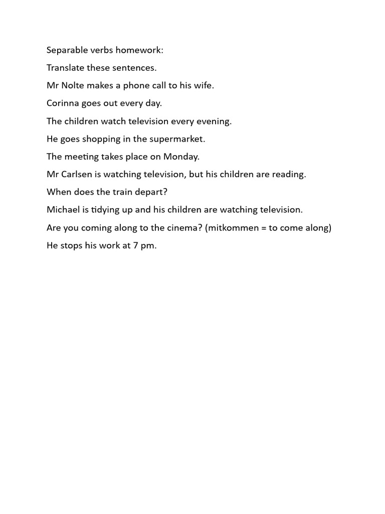 Separable Verbs Homework Exercises | PDF