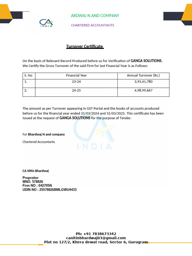 Turnover Certificate for Ganga Solutions | PDF