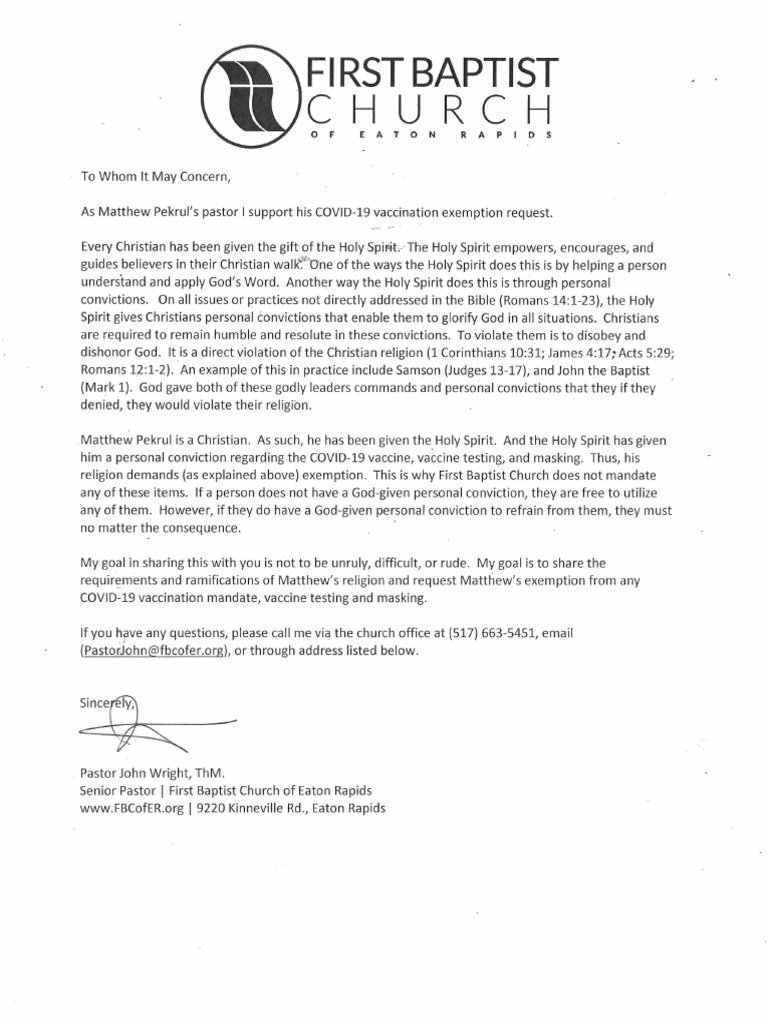 Pekrul Religious Exemption Letter | PDF