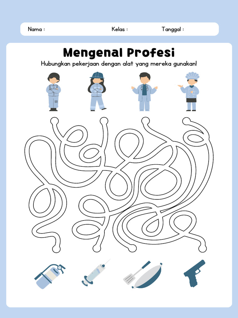 Permainan Labirin Mengenal Profesi Lembar Kerja Biru Ilustratif ...