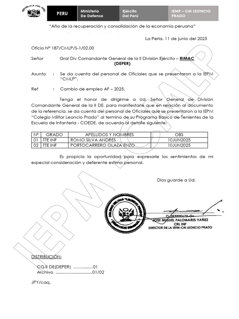 Oficio presentacion oficiales | PDF