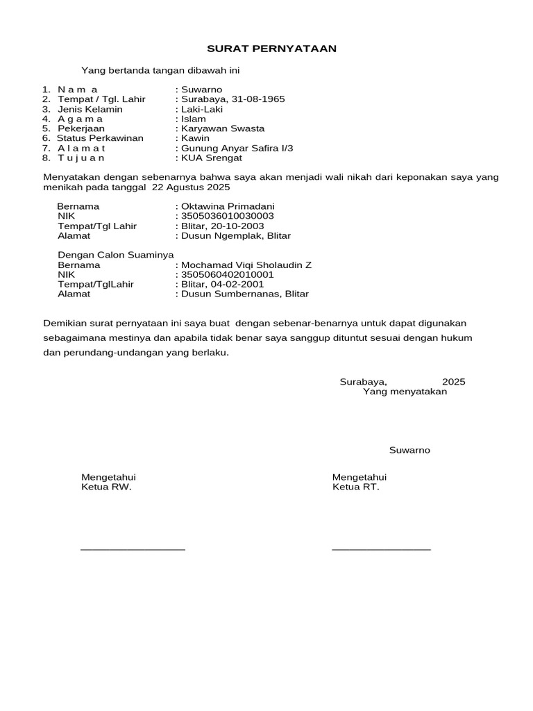 Surat Pernyataan Wali Nikah Suwarno | PDF