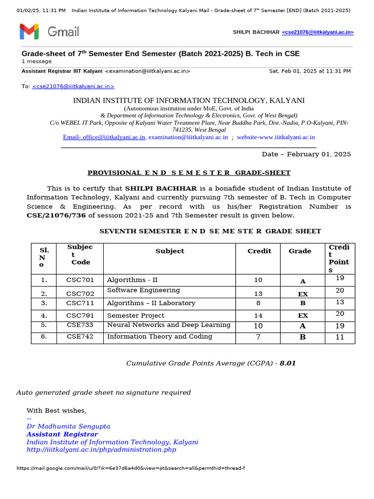 7th Semester Grade Sheet - B. Tech CSE | PDF