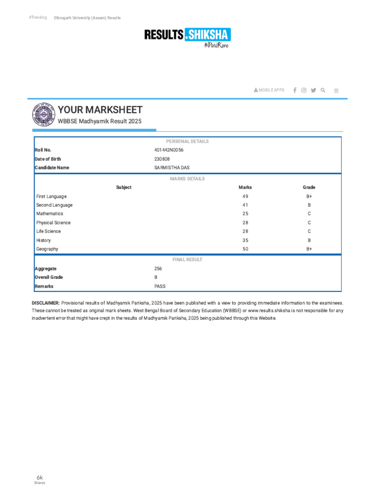Your Marksheet - Wbbse Madhyamik Results 2025 | PDF