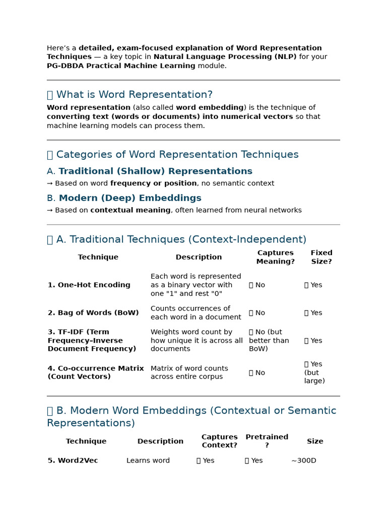 Word Representation Techniques | PDF | Cognitive Science | Machine Learning