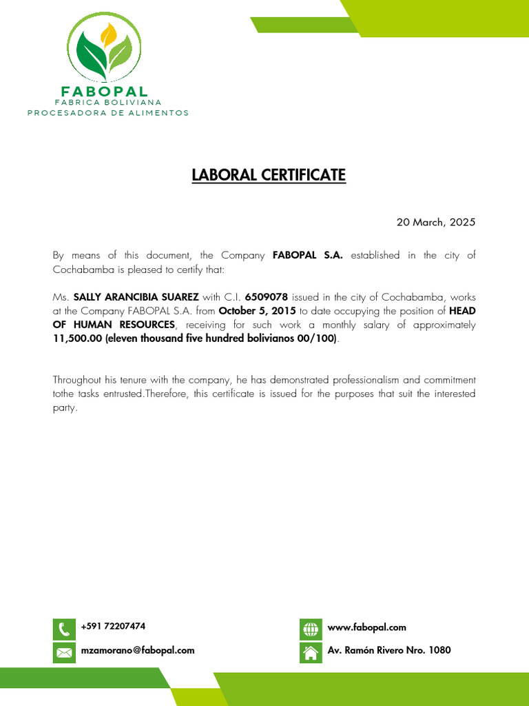 Labor Certificate for Sally Arancibia | PDF