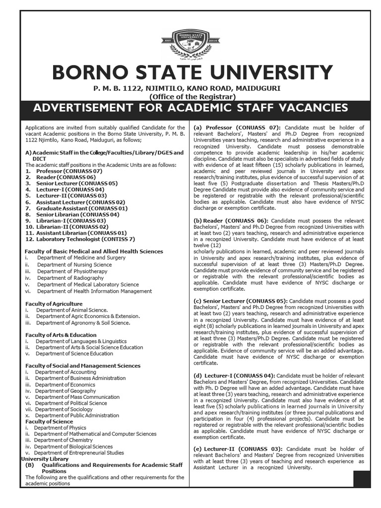 Advert For Academic Staff of Borno State University | PDF | Academic ...