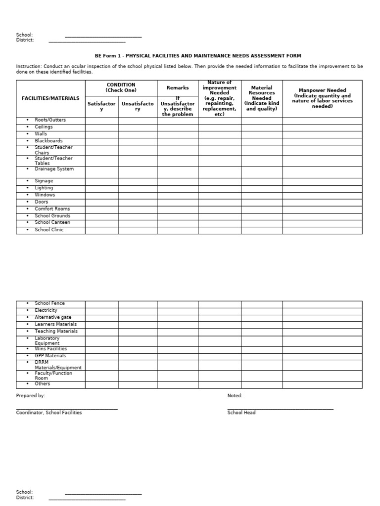 BE Form 01 - Physical and Maintenance Needs Assessment Form (Resource Needs) | PDF
