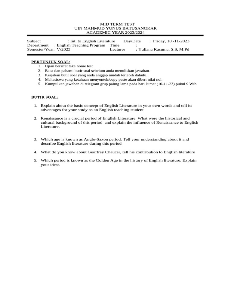 Midterm Test: Intro to English Literature | PDF