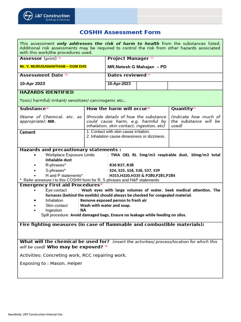 Cement COSHH Risk Assessment Form | PDF | Personal Protective Equipment ...