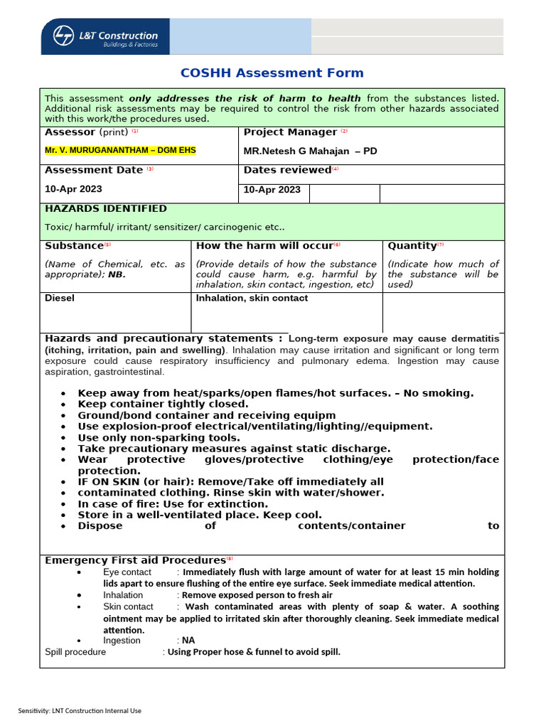 SP 6.1.2 7 COSHH Assessment Form Diesel | PDF | Personal Protective ...