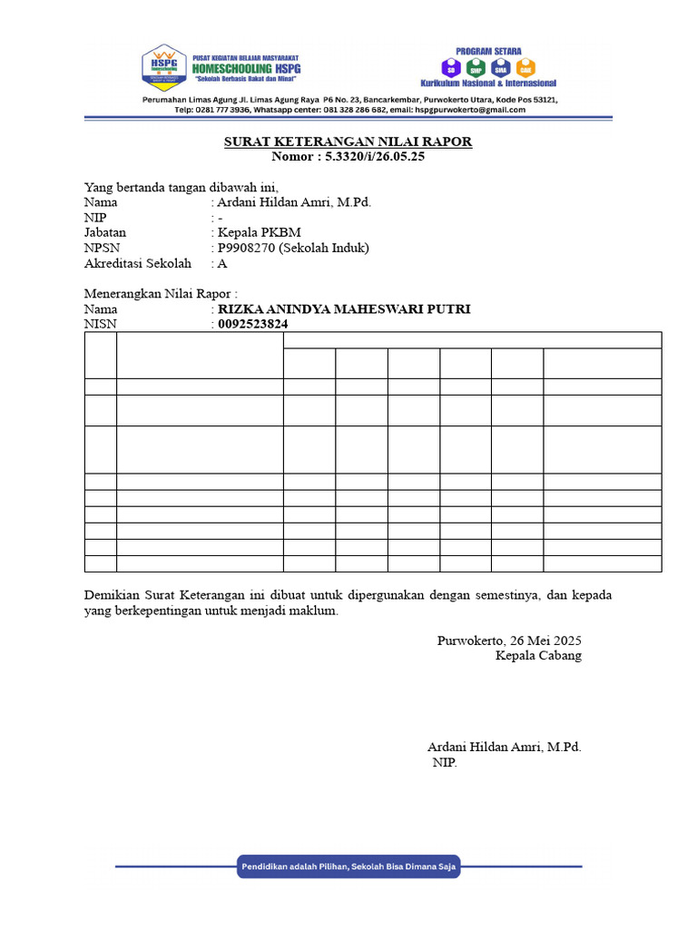 Surat Keterangan Nilai Rapor SMP | PDF