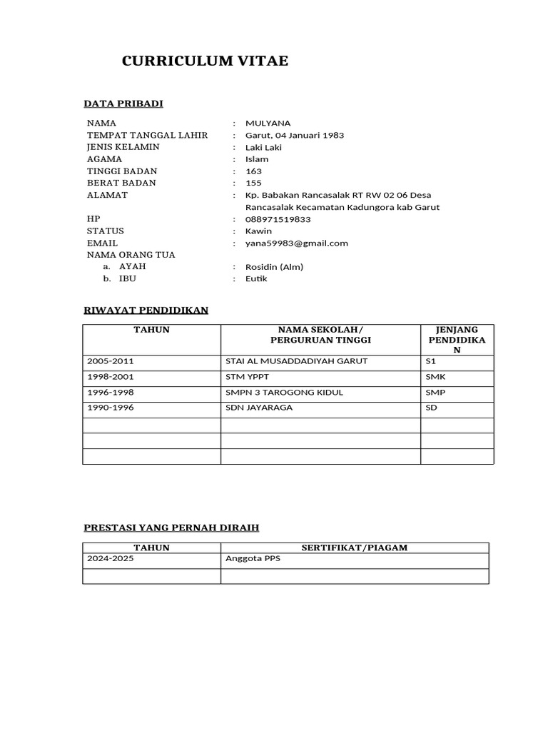 CV Mulyana: Pendidikan dan Profil Pribadi | PDF