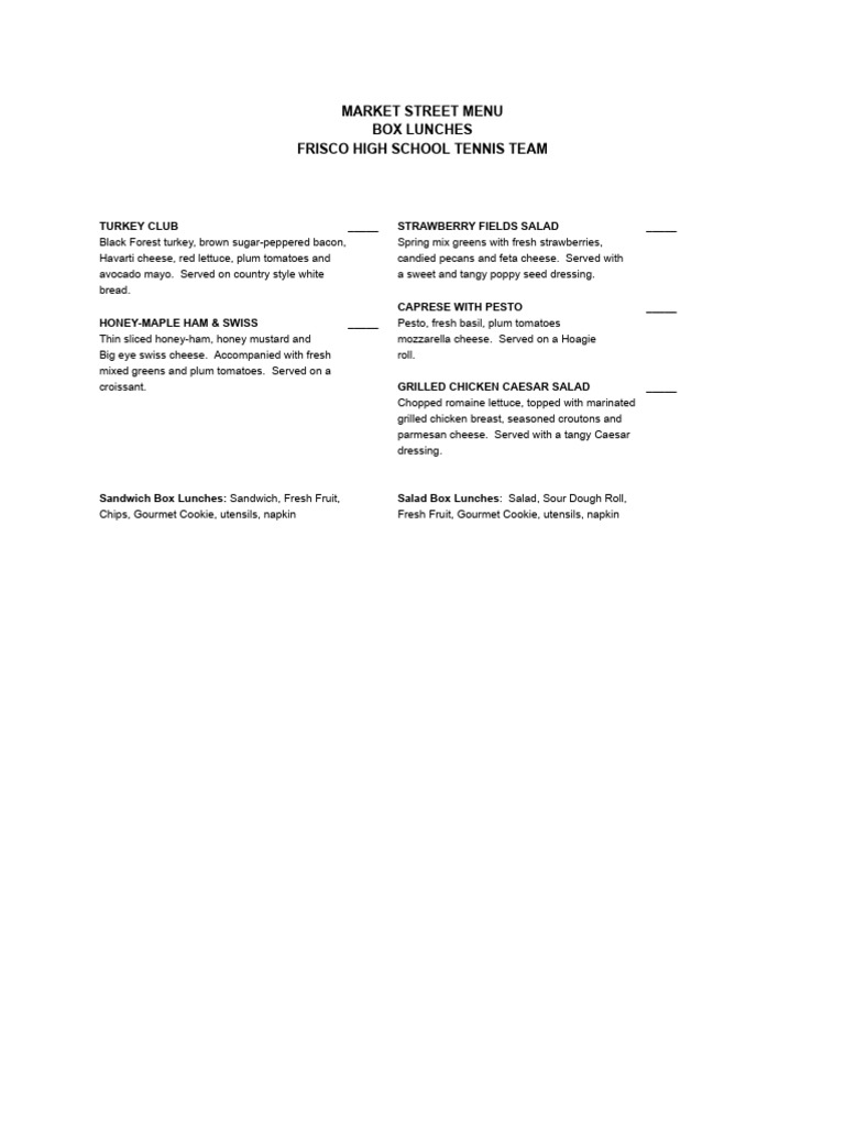 Market Street Box Lunch Menu Selections - Frisco HS Tennis Team 2024 | PDF