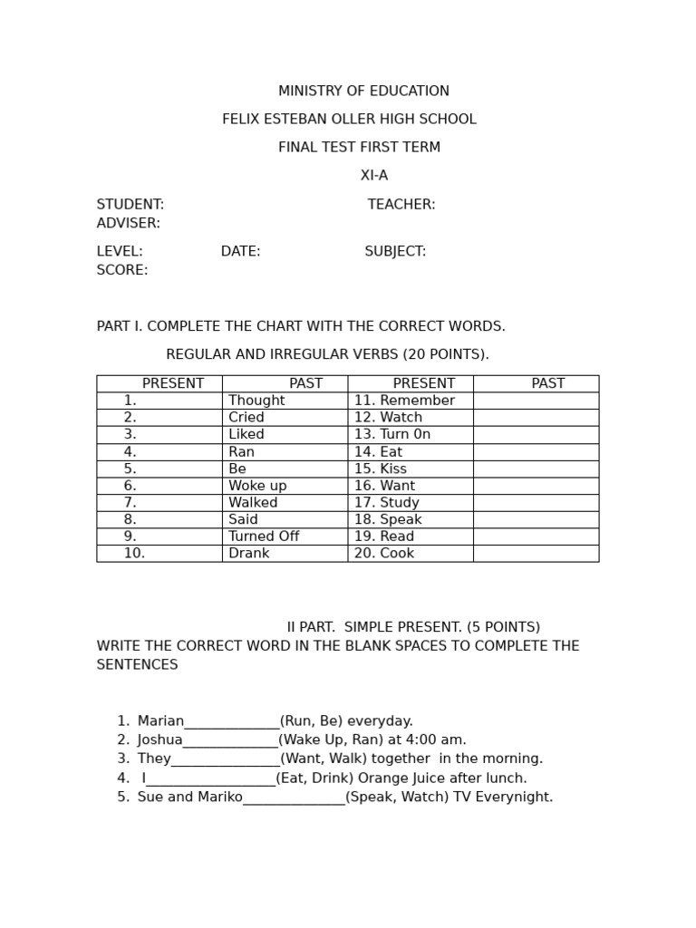 XI-A English Final Test | PDF | Linguistics