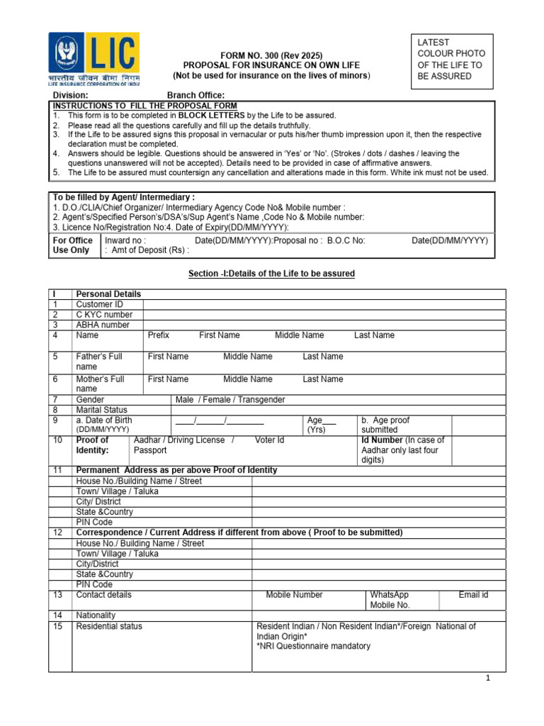 LIC Form 300: Life Insurance Proposal 2025 | PDF | Insurance | Life ...