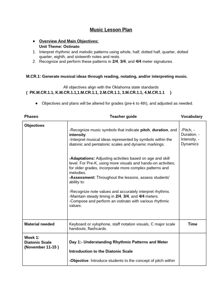 November 11-29 Music Lesson Plan | PDF | Scale (Music) | Musical Notation