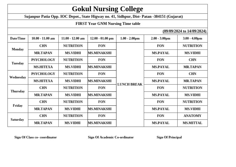 GNM 1st Year Time Table 2024 | PDF