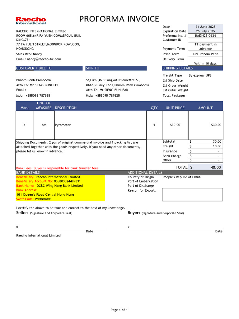 Raecho Proforma Invoice Pyrometer Cambodia 20250624 | PDF | Invoice ...
