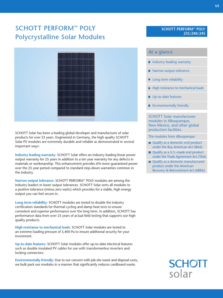 Schott 235 245 Data Sheet | Solar Panel | Photovoltaic System