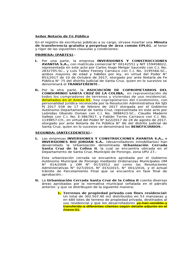 Minuta de Transferencia EPI-1-correcion Final | PDF | Condominio | Propiedad
