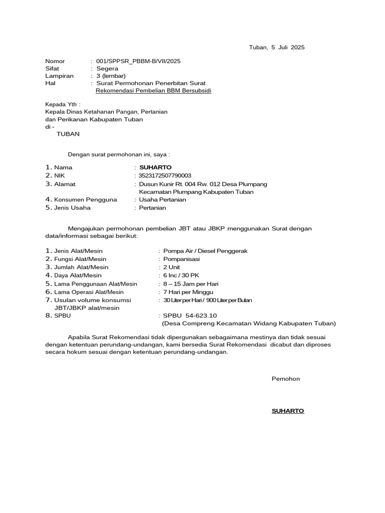 Surat Rekomendasi BBM | PDF