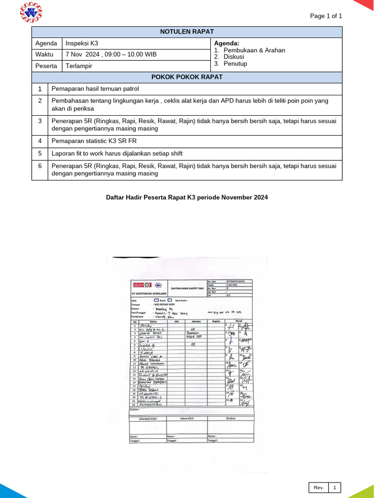 Notulen Rapat HSE Kontraktor Tanggal 27 Februari 2025 | PDF