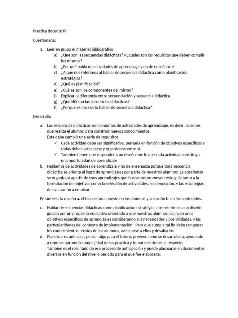Practica Docente IV. Secuencia Didactica | PDF | Enseñando | Aprendizaje