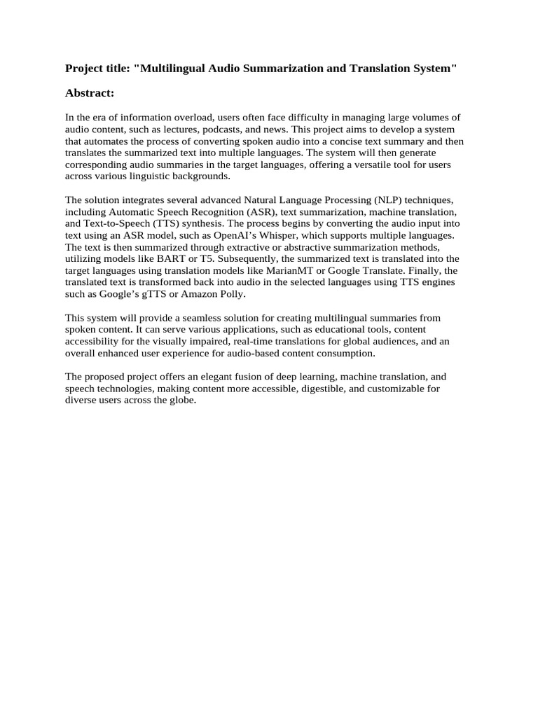 Multilingual Audio Summarization and Translation System | PDF