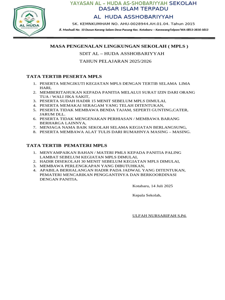 Tata Tertib MPLS SDIT Al-Huda 2025 | PDF