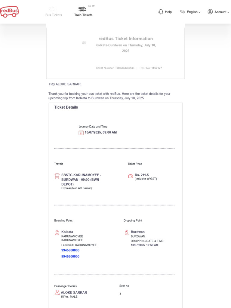 RedBus Ticket Details for Kolkata-Burdwan | PDF | Bus
