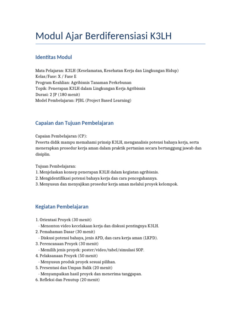 Modul Ajar K3LH Berdiferensiasi | PDF