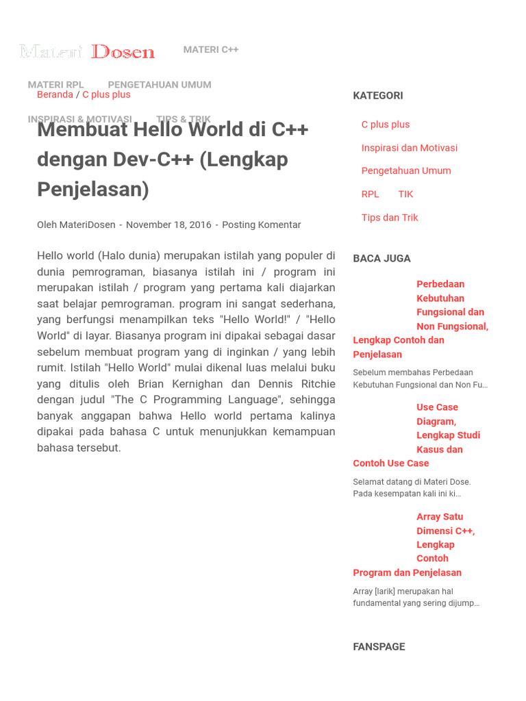 Membuat Hello World Di C++ Dengan Dev-C++ (Lengkap Penjelasan) - Materi Dosen | PDF
