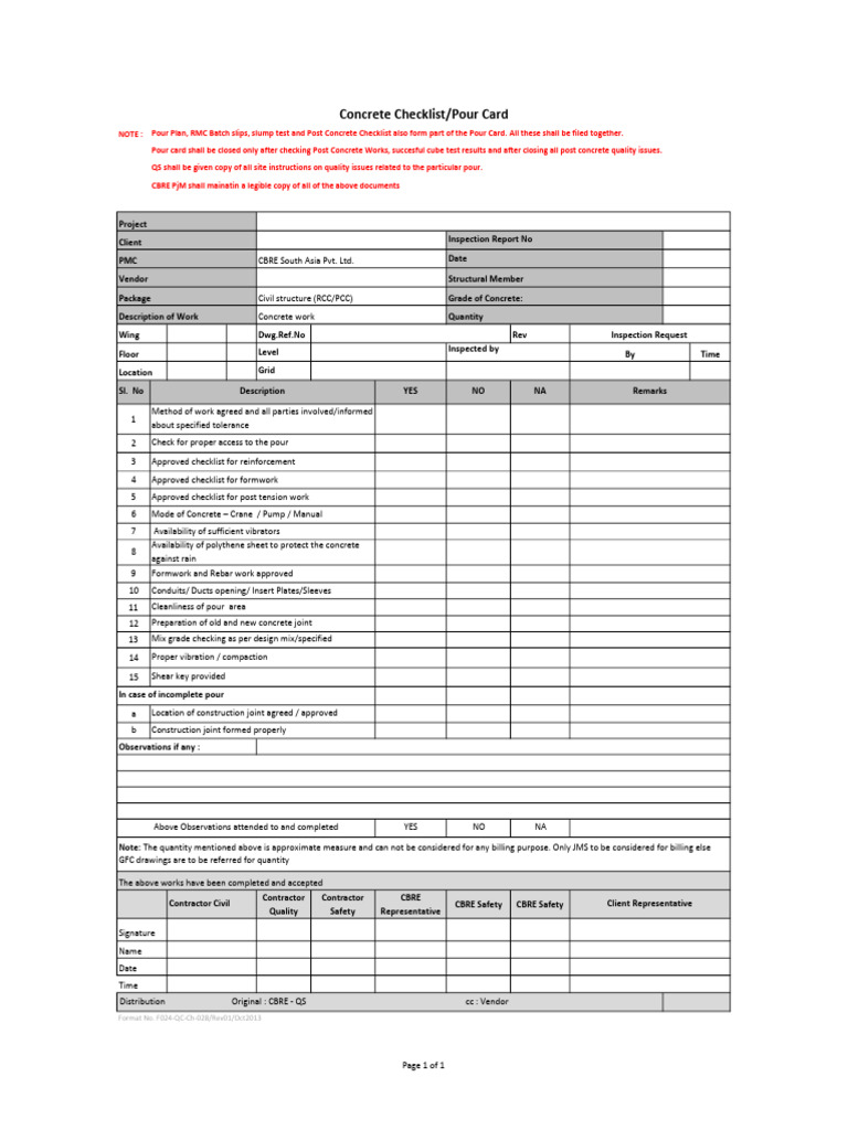 Concrete WRK Checklist | PDF | Concrete | Mechanical Engineering