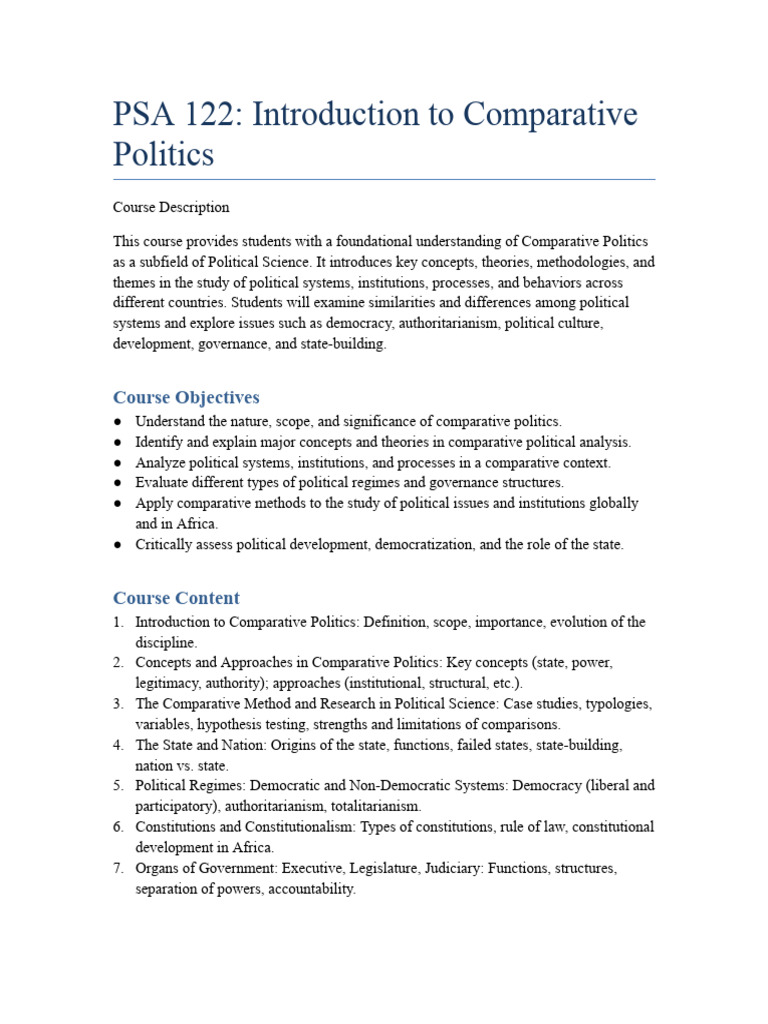 Comparative Politics Course Overview | PDF | Institution | Authoritarianism