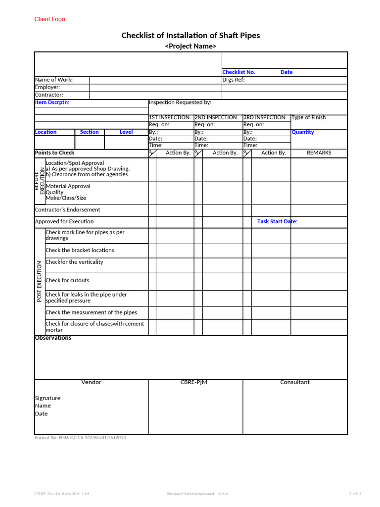 F036-QC MEP Shaft Pipe CHK List | PDF | Civil Engineering | Building Engineering