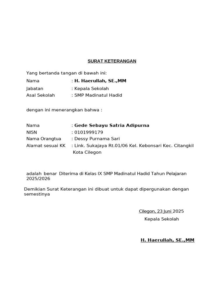 Surat Keterangan Diterima | PDF