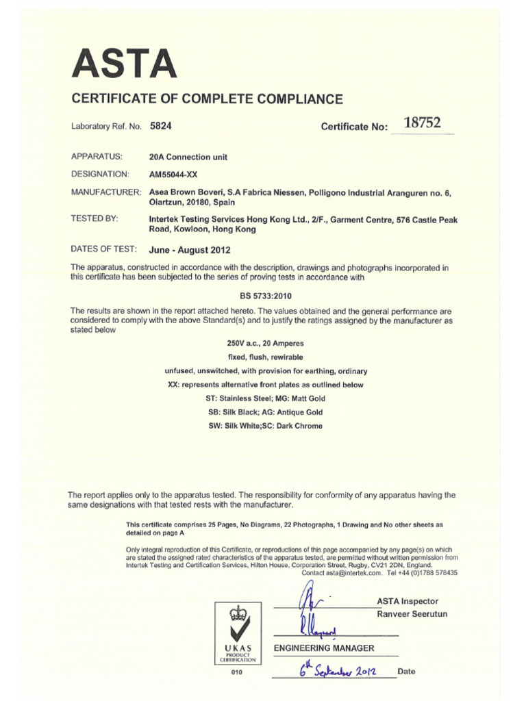 ASTA Certificate 18752 Flex Outlet 20A | PDF