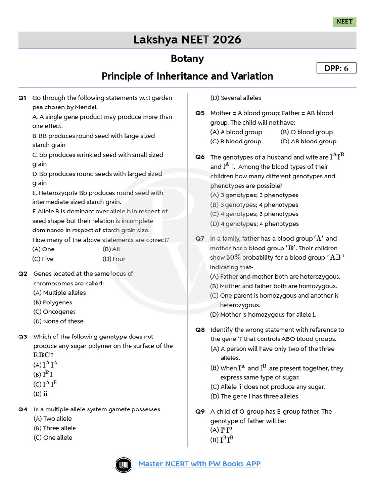 Principle of Inheritance and Variation - DPP 06 (Of Lec 10) - Lakshya NEET 2026 | PDF | Genotype ...