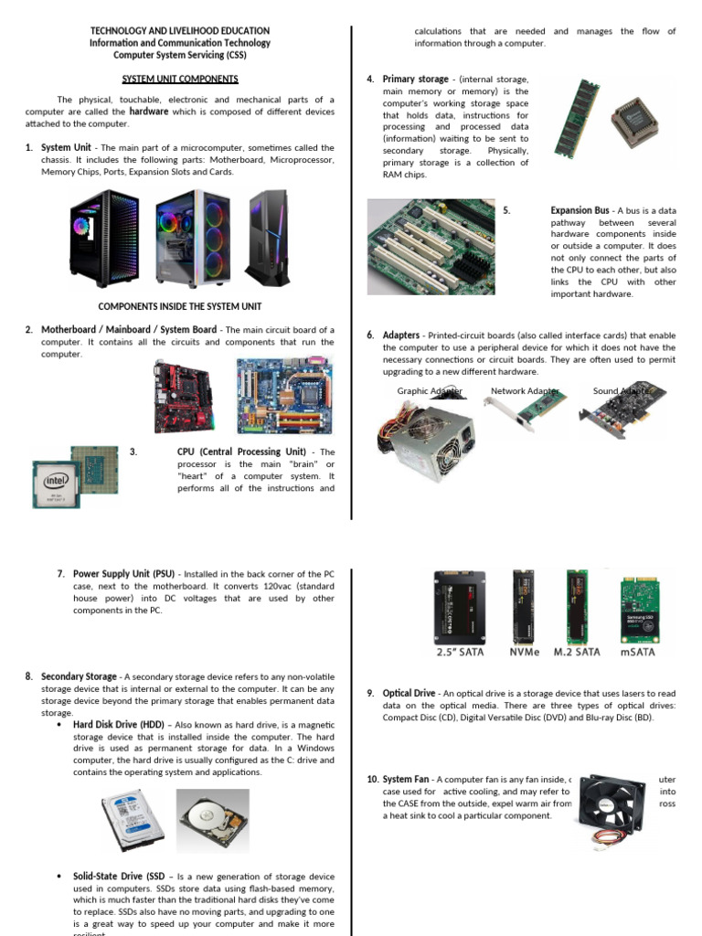System Unit Components Handouts CSS 910 | PDF | Computer Data Storage | Solid State Drive